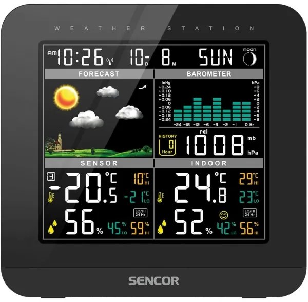 Sencor - Meteostanice s barevným LCD displejem a budíkem 3xAAA + 2x AA černá
