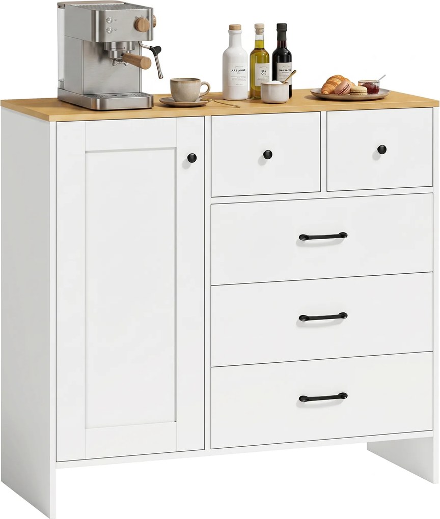 HOMCOM kuchyňský bufet, úložný nábytek s 5 zásuvkami a dvířky, rustikální styl, 100 x 40 x 94 cm, bílý