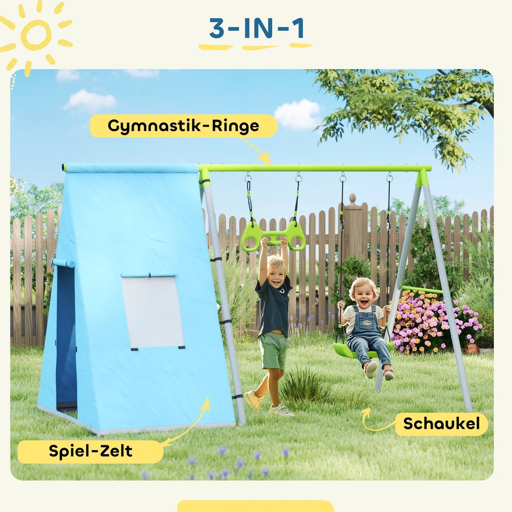 AIYAPLAY 3-v-1 Zahradní Houpací Rám se Stanem, Houpací síť a Gymnastické Kroužky, Houpací Rám pro Děti, Zahradní Houpací Síť pro Děti Zelená