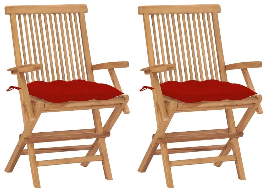 3062508 vidaXL Zahradní židle s červenými poduškami 2 ks masivní teak