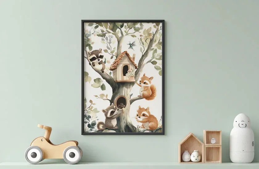 Lesní kamarádi - obraz - Zvířátka u domečku na stromě 74 - 50 x 70 cm - 649 Kč