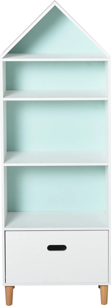 HOMCOM Dětská knihovna Dřevěná knihovna pro děti na knihy, hračky a DVD s 4 policemi a 1 zásuvkou Dvoubarevný kompaktní design 50x30x142 cm Bílá