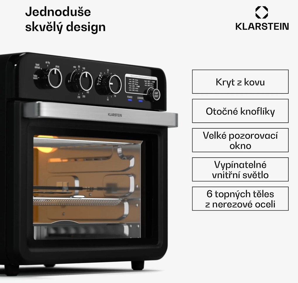 Klarstein Air Glaze horkovzdušná fritéza, 2000 W, 34 litrů, panoramatické okno, včetně sady příslušenství