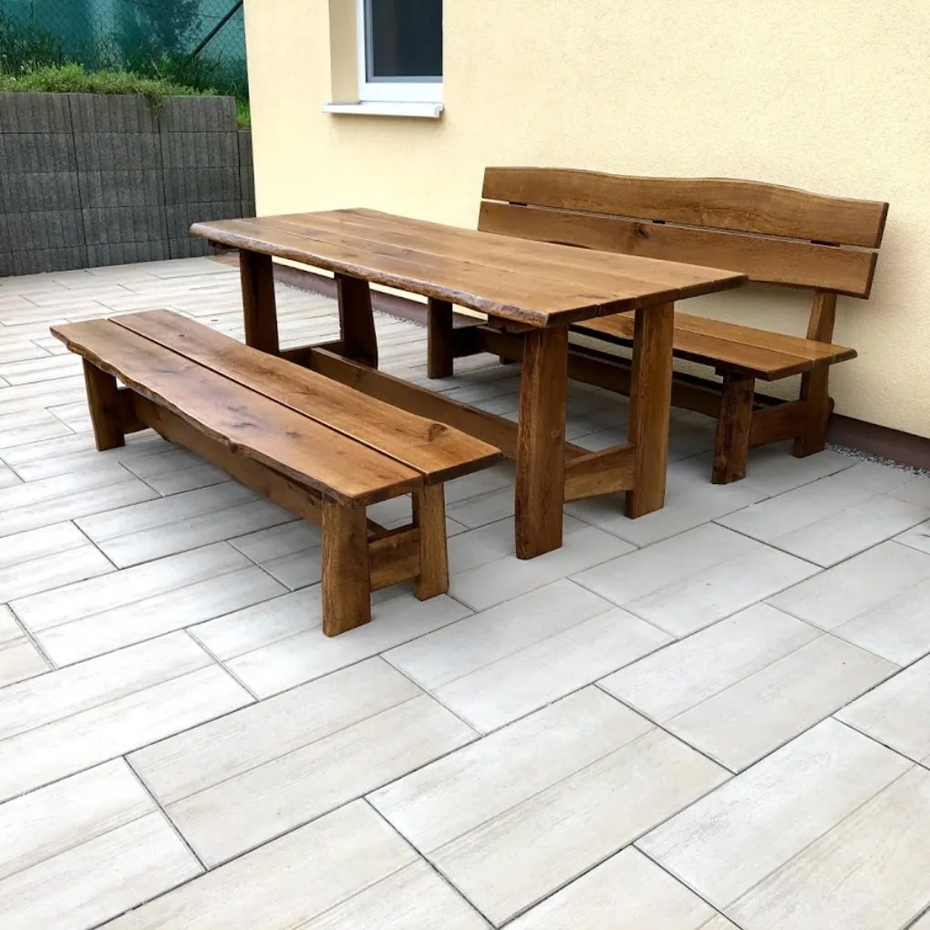 KULHÁNEK Zahradní dubová sestava - stůl, 1x lavice s opěradlem, 1x lavice bez opěradla (rustikální provedení) Délka: 150 cm, Odstín nátěru: lazura - ořech