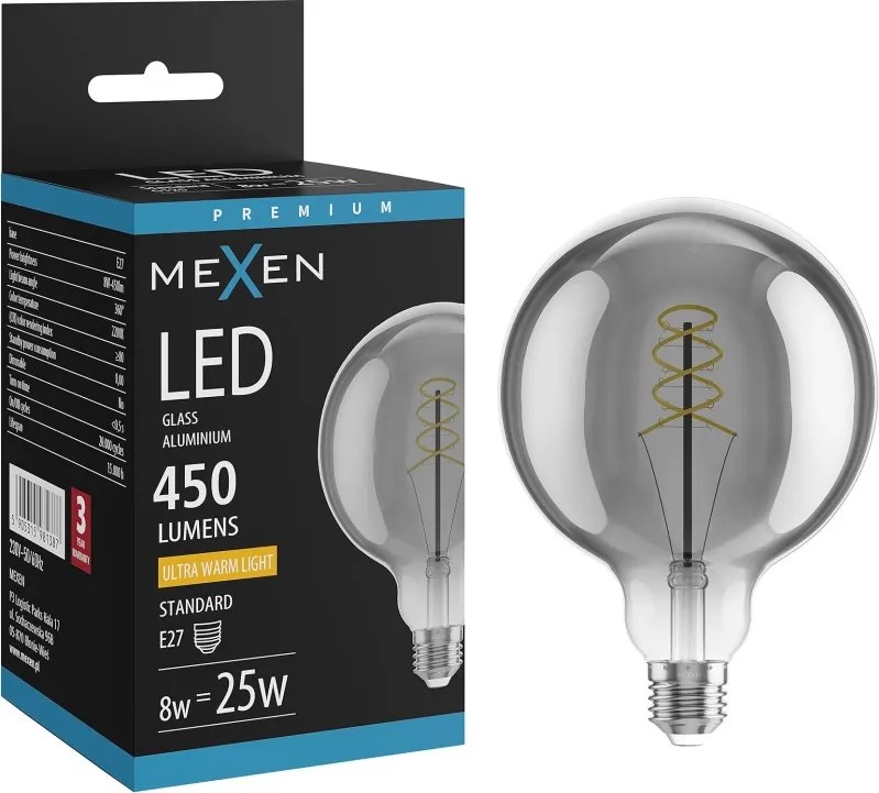 Mexen Vintis, LED žárovka spirála E27, G125, 8W, Teplá - 2200K, 450 lm, kouřová - L168-E27-0822-70