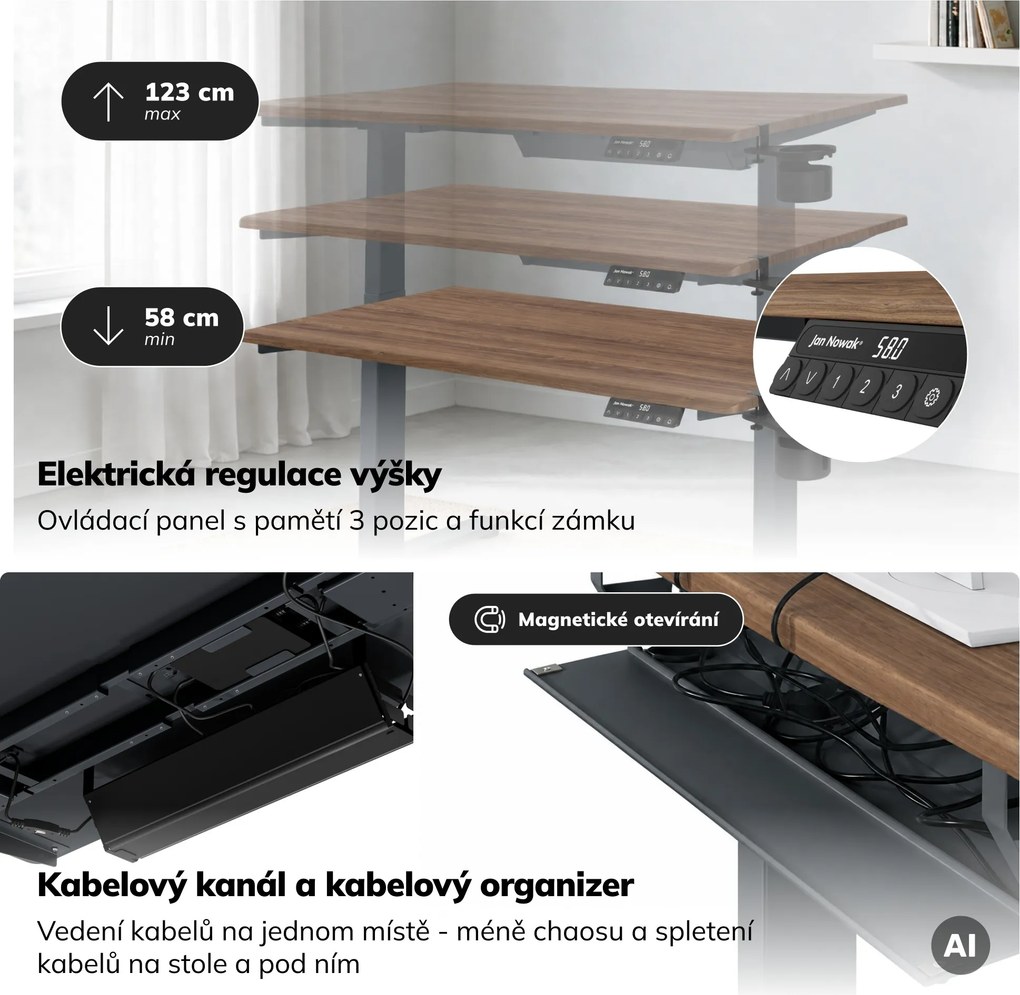 Elektrický stůl s regulací výšky ergonomický antracitový/ořech,1200x600 mm: ARIA