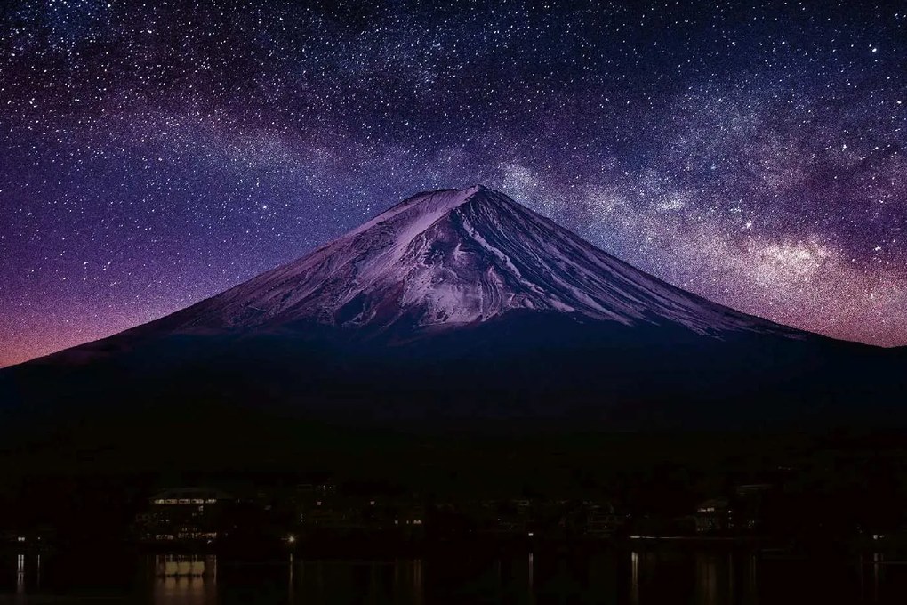 DIMEX | Samolepicí vliesová fototapeta na zeď Hora Fudži v noci MA-5-1949 | 375 x 250 cm | bílá, fialová, černá, oranžová