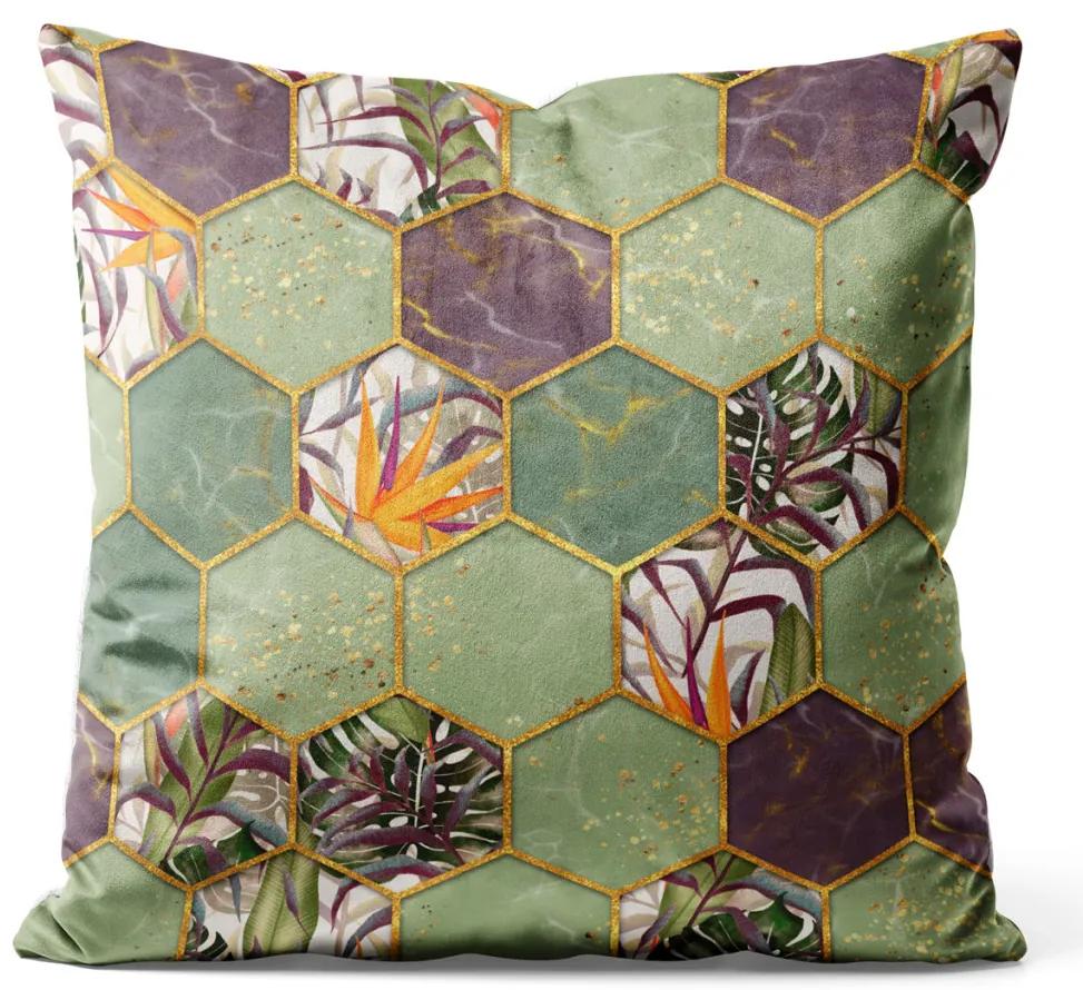 Dekorační velurový polštář Zahalené keře - pestrobarevný motiv s kompozicí šestiúhelníků