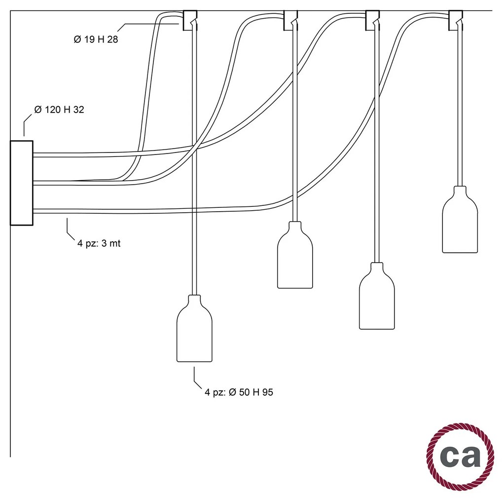 creative cables Závěsná lampa Spider se 4 světly, textilním kabelem a dřevěnou úpravou Barva: Efekt wenge