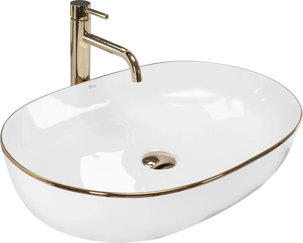 Rea Cleo, umyvadlo na desku 605x410x140mm, bílá se zlatým okrajem, REA-U6211