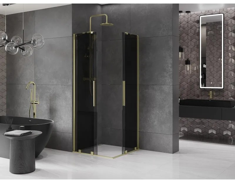 Mexen Velar Duo, sprchový kout s posuvnými dveřmi 100 x 100 cm, 8mm šedé sklo, zlatá matná, 871-100-100-42-55