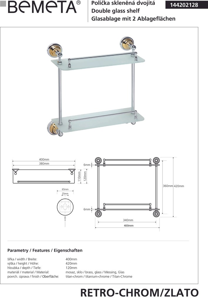 Bemeta Design RETRO gold-chrom: Polička, 400 mm, dvojitá, sklo - 144202128