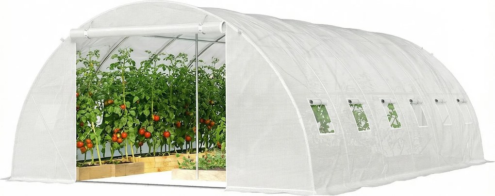 Outsunny venkovní tunelový skleník 6 × 4 × 2 m – pozinkovaný rám, voděodolný a UV-odolný PE potah, rolovací dveře a síťovaná okna, bílý