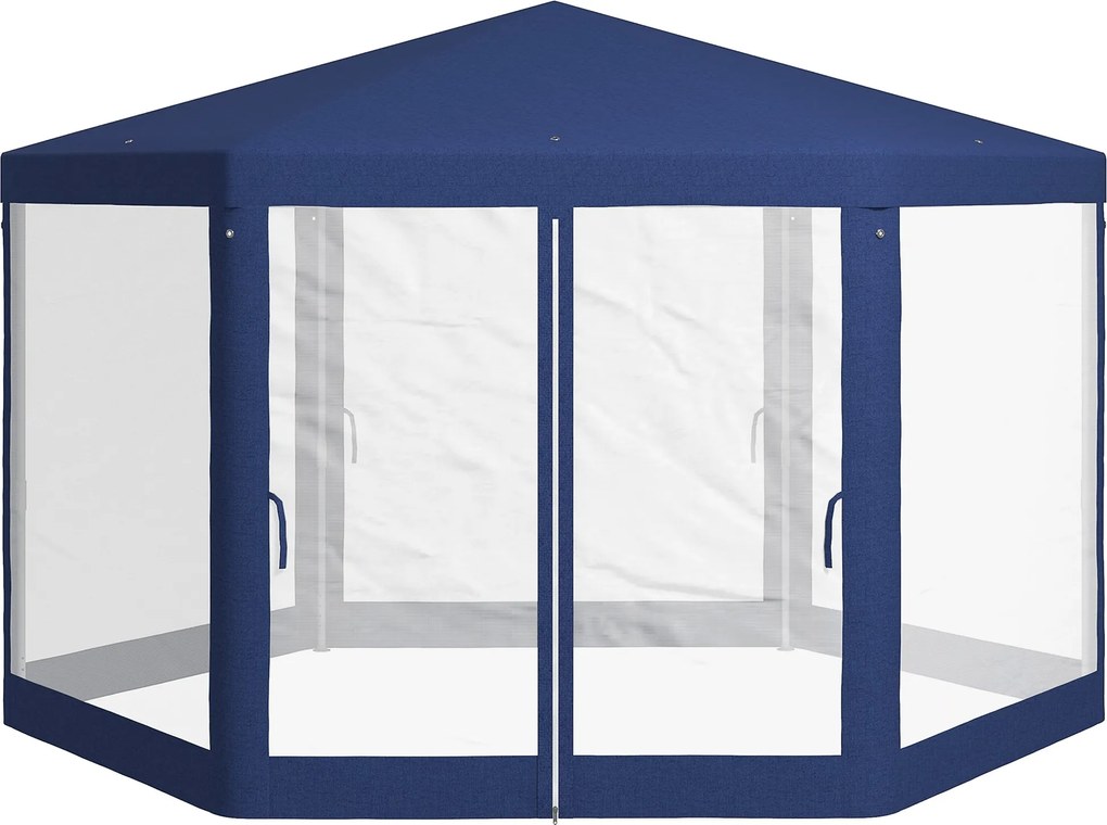 Outsunny Pavilon 4x3m Hexagonální Voděodolný Stabilní Zimní Odolný Pavilon s Moskytiérou, Party Stan, Zahradní Altán se 6 Bočními Panely pro Kempování