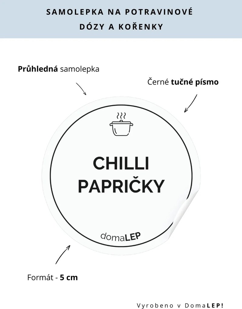 Samolepka na kořenky CHILLI PAPRIČKY průhledná 5 cm tučné písmo