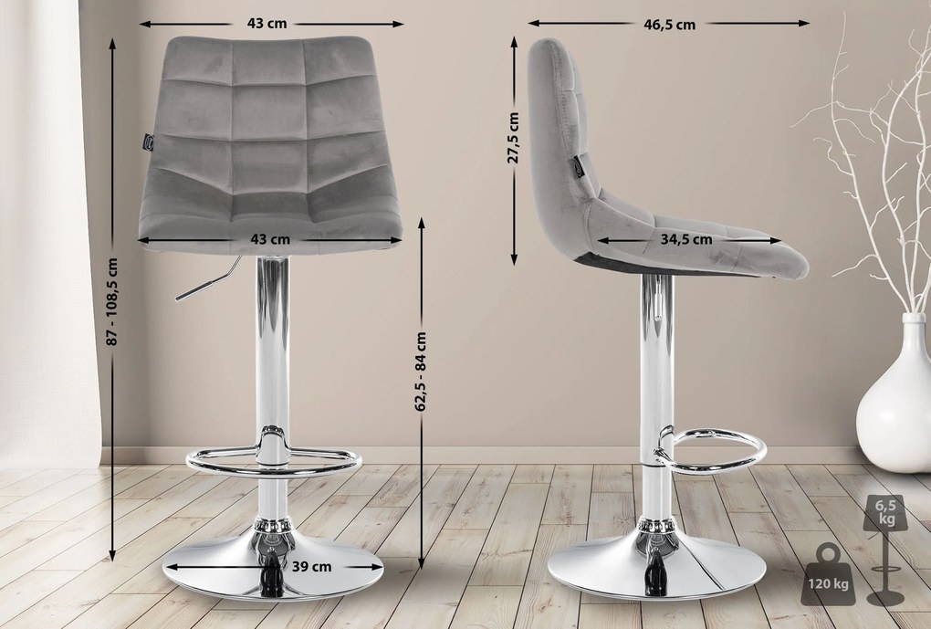 Barové židle Sandford - 2 ks - samet | chrom/šedá
