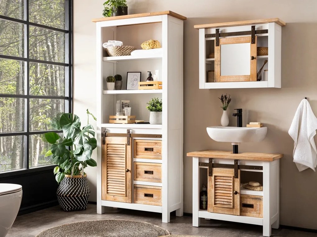 furniture-nabytek.cz - Masivní skříňka se zrcadlem Caprino, borovice / MDF, lakovaná, bílá / hnědá