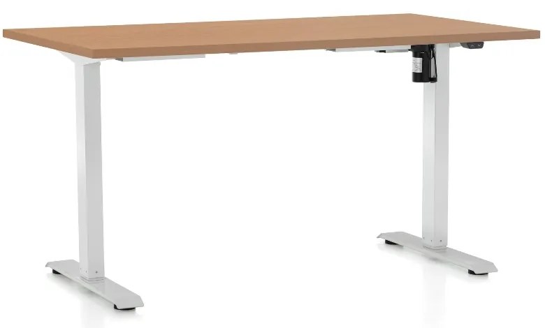 Výškově nastavitelný stůl OfficeTech A, 140 x 80 cm, bílá podnož, buk