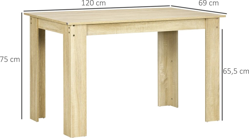 HOMCOM jídelní stůl pro 4-6 osob, obdélníkový, moderní styl, nosnost 50 kg, 120 cm D x 69 cm Š x 75 cm V, dub