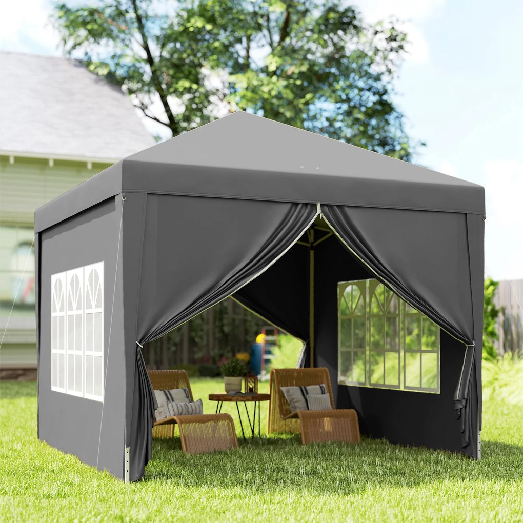 Zahradní přístřešek Outsunny Pop-Up Skládací Recepční Stan 3 x 3m se 4 Odnímatelnými Bočními Stěnami + Šedý Přenosný Obal