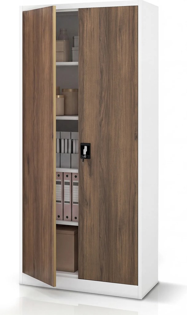 Kovová kancelářská skříň na dokumenty bílá / ořech, 900x1950x400 mm: JAN H Eco Design