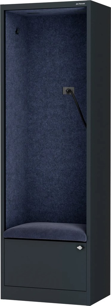 Kancelářská akustická kabina se sedátkem a USB-C portem, korpus antracitový / sedák námořnická modrá, 600 mm: SALLY MentalBox