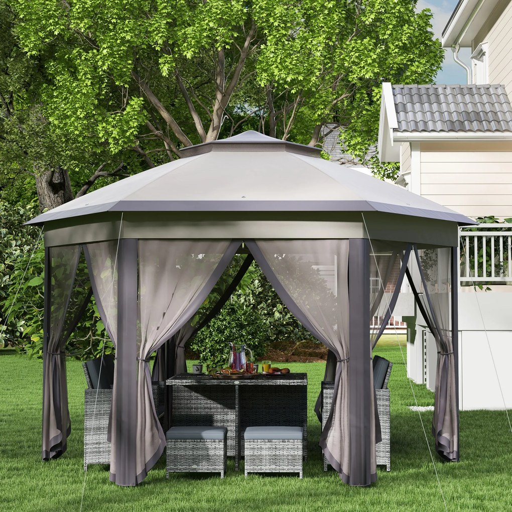 Outsunny zahradní altán skládací altán 4x4m pop-up stan party stan s taškou na přenášení a 6 bočními panely, dvojitá šestihranná střecha v kávové a b…