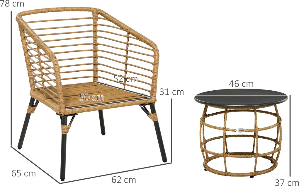 Sada ratanového zahradního nábytku Outsunny, 3 ks. Sedací souprava, včetně konferenčního stolku a 2 židlí, bistro set s polštáři, balkonový nábytek, …