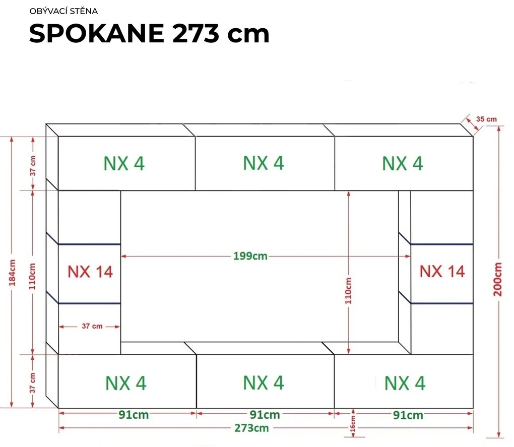 Ral Obývací stěna SPOKANE 4, 273 cm - Černý lesk