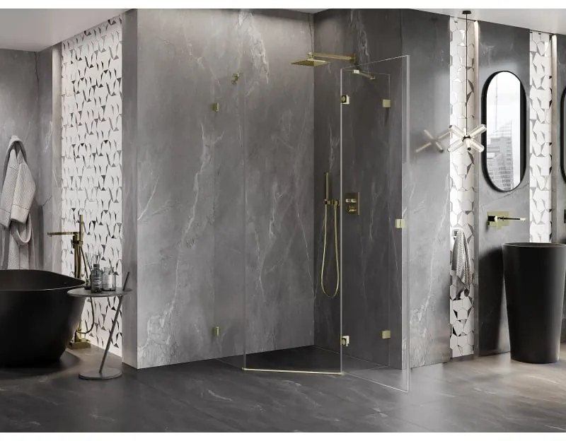 Mexen Lunar, pětiúhelníkový sprchový kout s pravým sklonem 90 x 90 cm, 8mm čiré sklo, zlatý matný profil, 831-090P-090L-55-00-P