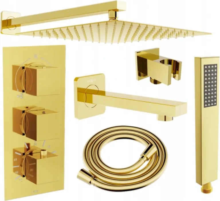 Mexen Cube DR02 podomítkový vanový a sprchový set s hlavovou sprchou 30x30 cm (7v1), zlatá, 77503DR0230-50
