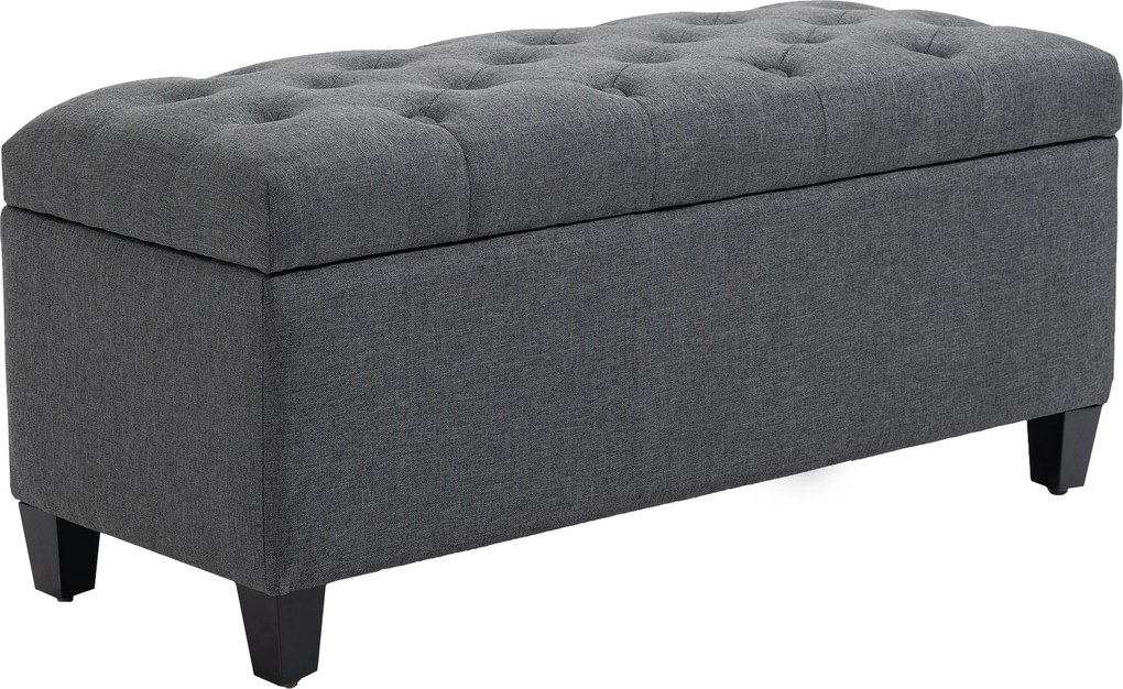 HOMCOM Lavice čalouněná s úložným prostorem 100 x 40 x 44 cm, truhlicová lavice z polyesteru připomínajícího len a kaučukového dřeva v tmavě šedé bar…