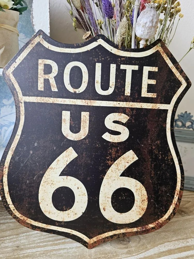 Černá antik nástěnná kovová cedule Route 66 - 30*35 cm