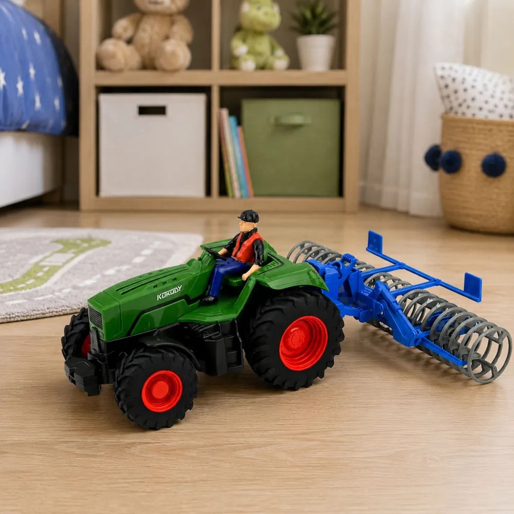LEAN Toys Traktor se zemědělským válcem a zemědělcem, dálkově ovládaný RC, zelený, měřítko 1:24