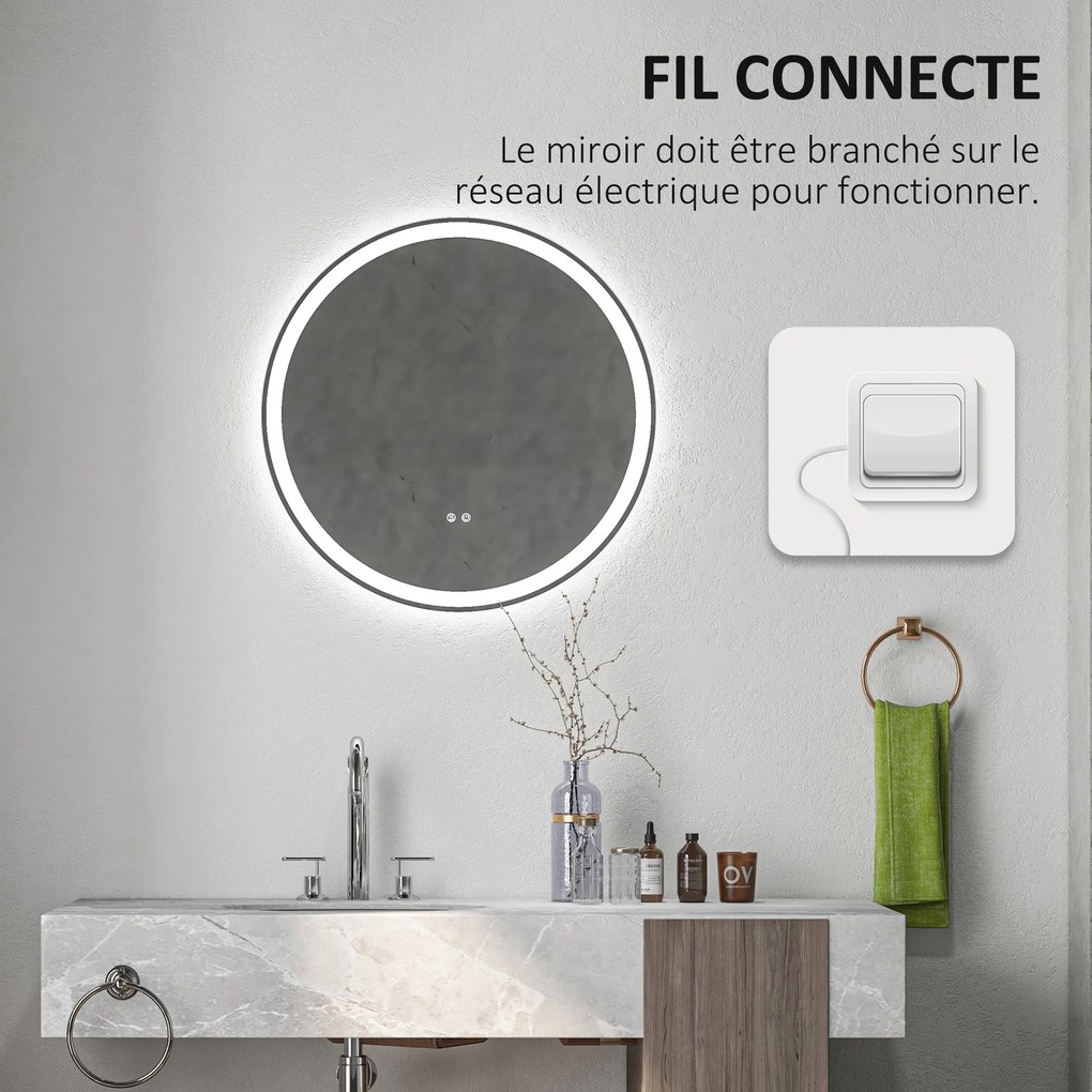 kleankin kulaté LED koupelnové zrcadlo Ø 70 cm, montáž na stěnu s osvětlením 3 barvy, dotykový spínač 23W, bílá/stříbrná