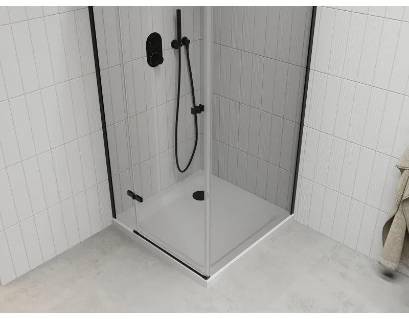 Mexen Roma, sprchový kout s 1-křídlými dveřmi 70 (dveře) x 80 (stěna) cm, 6mm čiré sklo, černý profil, slim sprchová vanička 5cm bílá s černým sifonem, 854-070-080-70-00-4010B