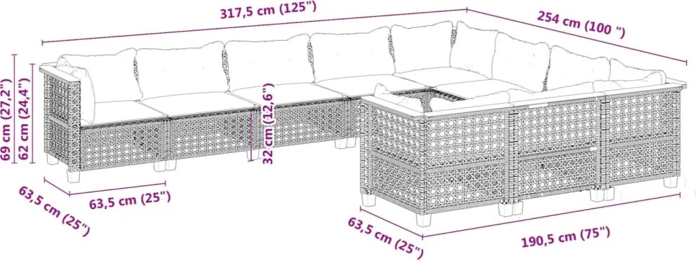 10dílná zahradní sedací souprava s poduškami černá polyratan 3262034