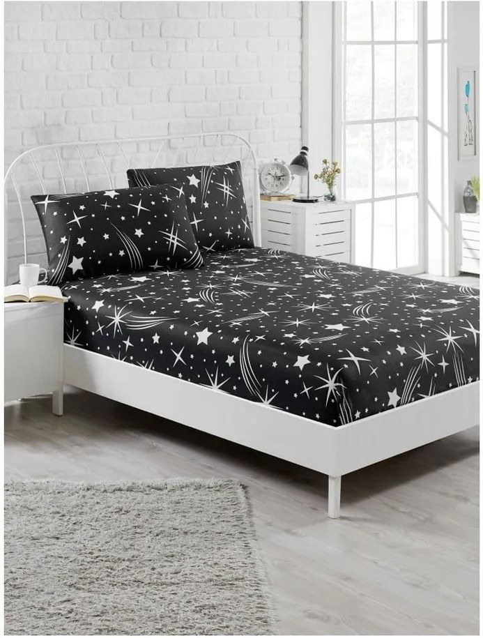 Set černého elastického prostěradla a 2 povlaků na polštáře na jednolůžko Starry Night, 160 x 200 cm