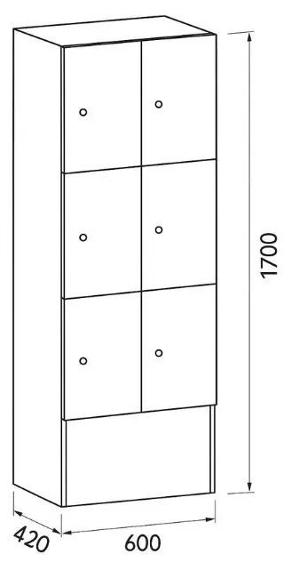 Dřevěná odkládací skříňka S5 s úložnými boxy, 6 boxů, 1700 x 600 x 420 mm, cylindrický zámek, ořech