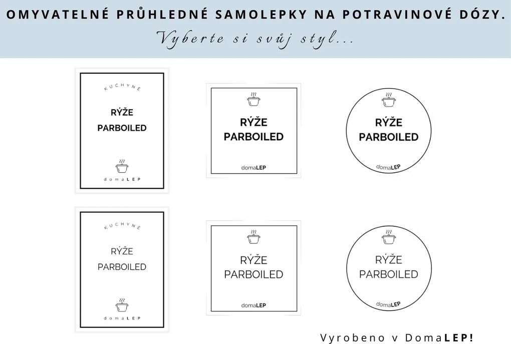 RÝŽE PARBOILED - omyvatelná samolepka na dózu, výběr rozměrů Ø 5 cm / 5 x 5 cm / 6 x 8 cm | DomaLEP tvar: KOLEČKO, barva: PRŮHLEDNÁ - ČERNÉ písmo, velikost: Ø 5 cm - tučné písmo