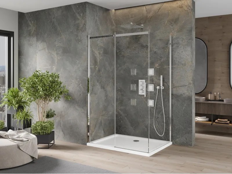 Mexen Omega posuvný sprchový kout 100 x 90 cm, 8mm sklo, chromový profil-čiré sklo + slim sprchová vanička 5cm, 825-100-090-01-00-4010