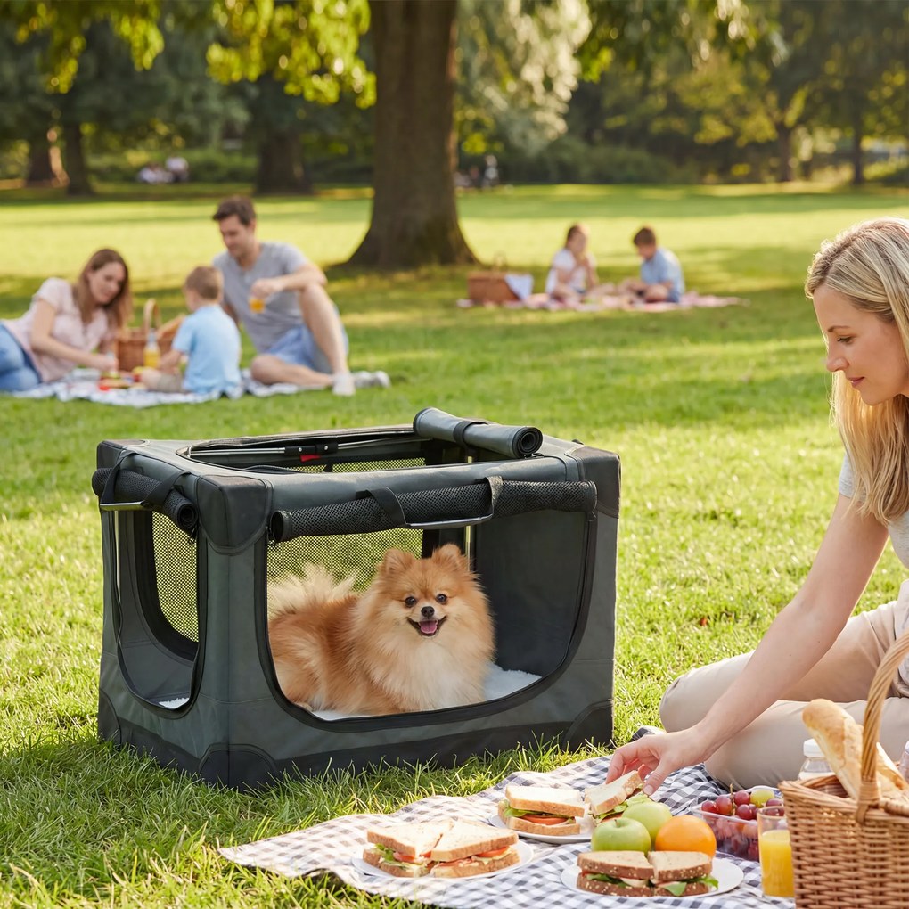 PawHut Skládací přepravka pro psy Přepravní box pro psy s polštářem Vyjímatelný pratelný potah z tkaniny Oxford pro psy do 4 kg Armádně zelený