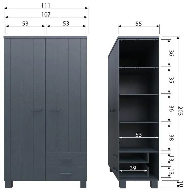 Hoorns Ocelově šedá borovicová šatní skříň se zásuvkami Koben 202 x 111 cm II.
