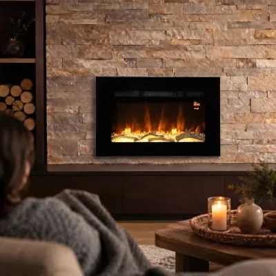 HOMCOM Elektrický krb 60 cm k zabudování nebo na stěnu, 1800W, 24hodinový časovač, nastavitelný plamen, krystaly