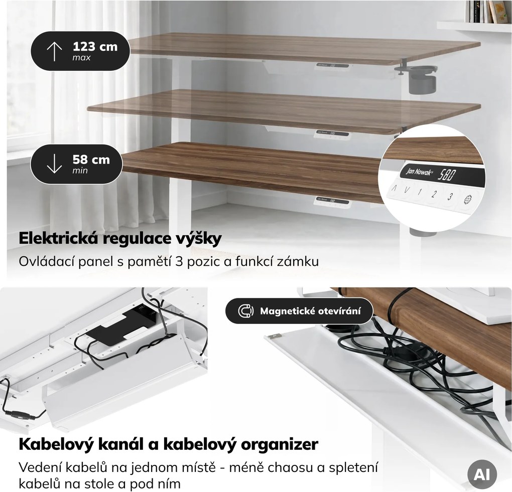 Elektrický stůl s nastavitelnou výškou ergonomický bílý/ořech,1600x800 mm: ARIA