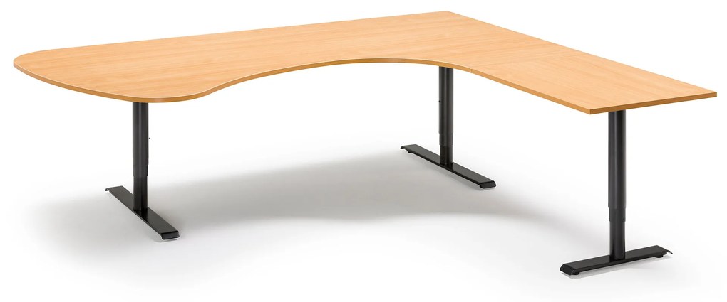 AJ Produkty Výškově nastavitelný stůl Adeptus, rohový, pravý, 2200x2000 mm, dýha buk, černá
