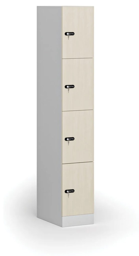 Šatní skříňka s úložnými boxy, 4 boxy, 1850 x 300 x 500 mm, mechanický kódový zámek, laminované dveře, buk