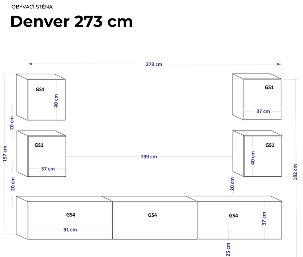 Ral Obývací stěna DENVER 3, 273 cm - Bílý lesk