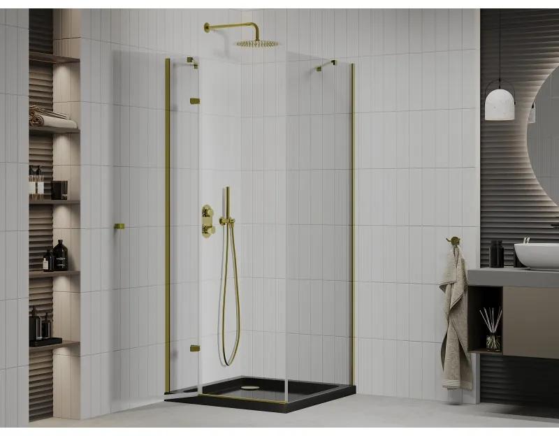 Mexen Roma sprchový kout s otočnými dveřmi 80 x 80 cm, Průhledné, Zlatá + sprchová vanička Flat, Černá - 854-080-080-50-00-4070G
