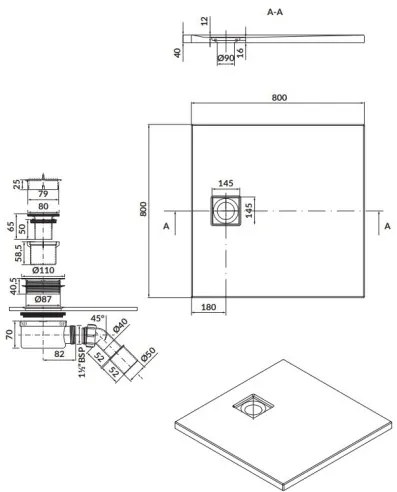Cersanit Tako Slim, čtvercová akrylátová sprchová vanička 80x80x4 cm + černý sifon, černá, S932-165